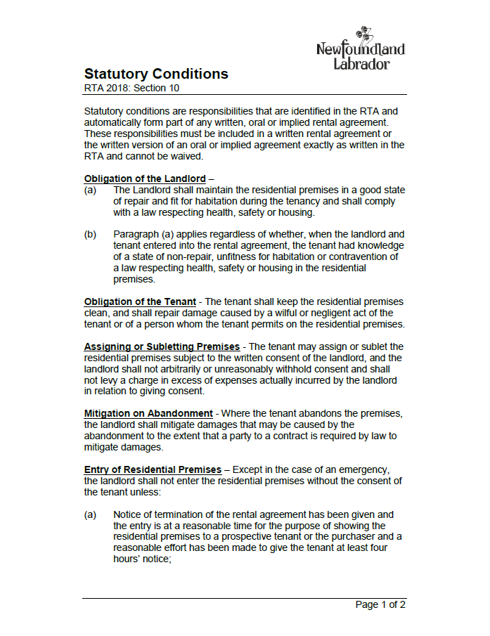 Fact Sheet – Statutory Conditions (Service NL) - Renting in NL